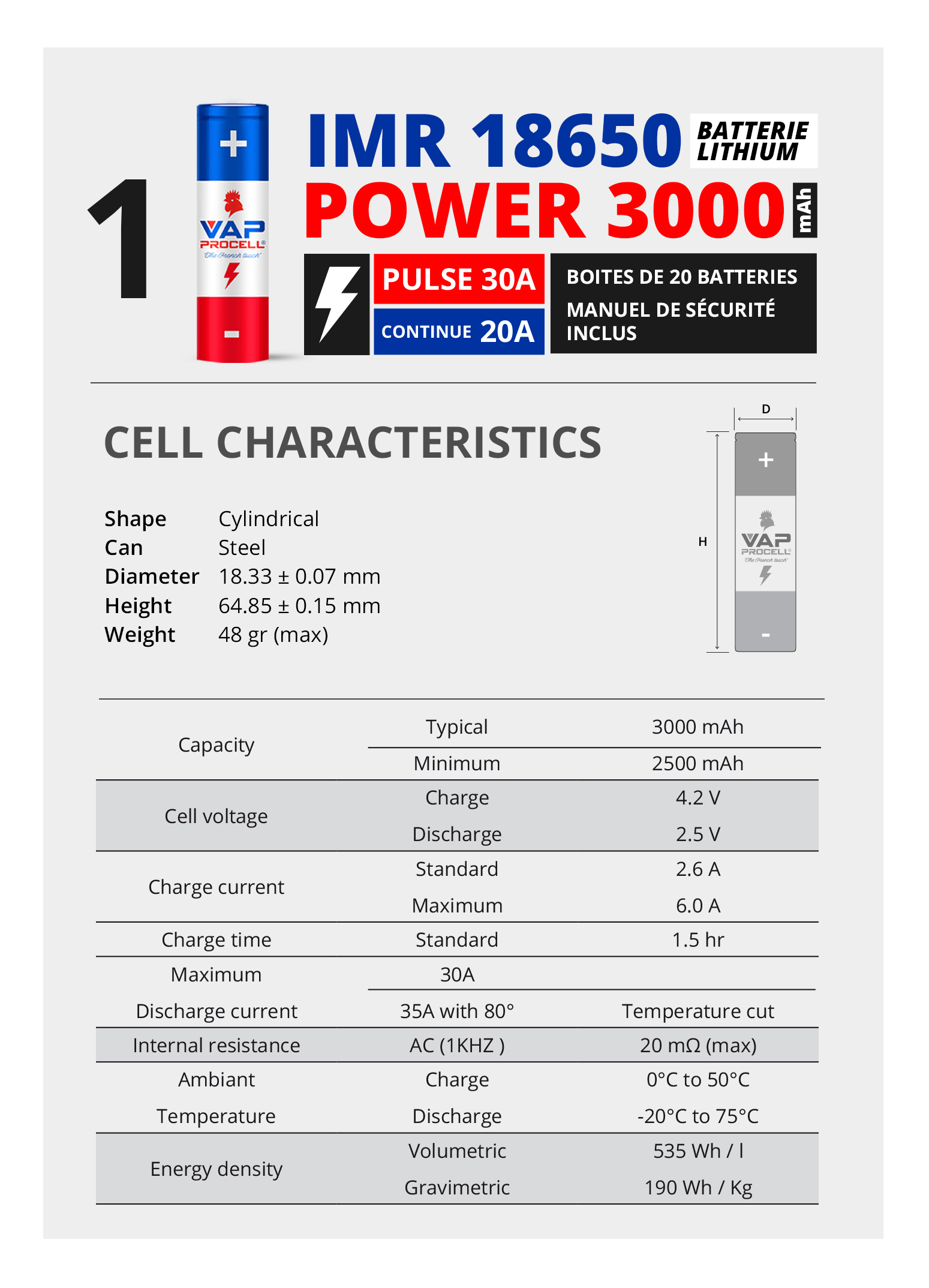 IMR 18650 Power 3000 mAh - VAP PROCELL BATTERIES LITHIUM